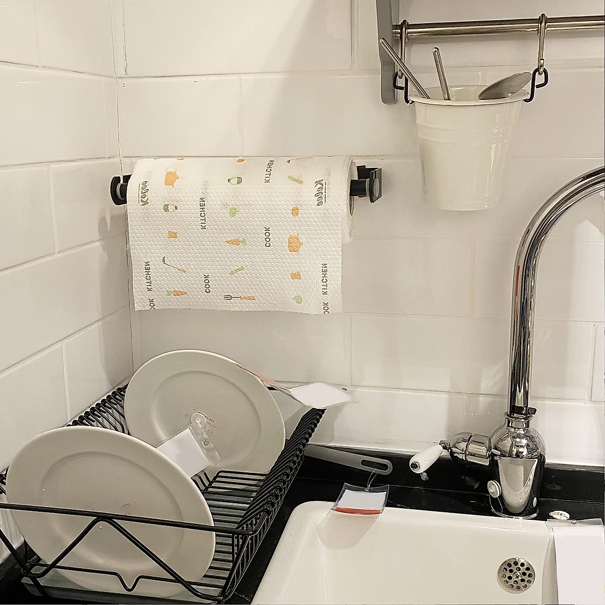 URALFA Under Cabinet Paper Towel Holder Wall Mount, Paper Towel Roll Holder Both Available in Adhesive and Screws, Paper Towel Rack for Kitchen, Bathroom, Pantry, Sink (Black)