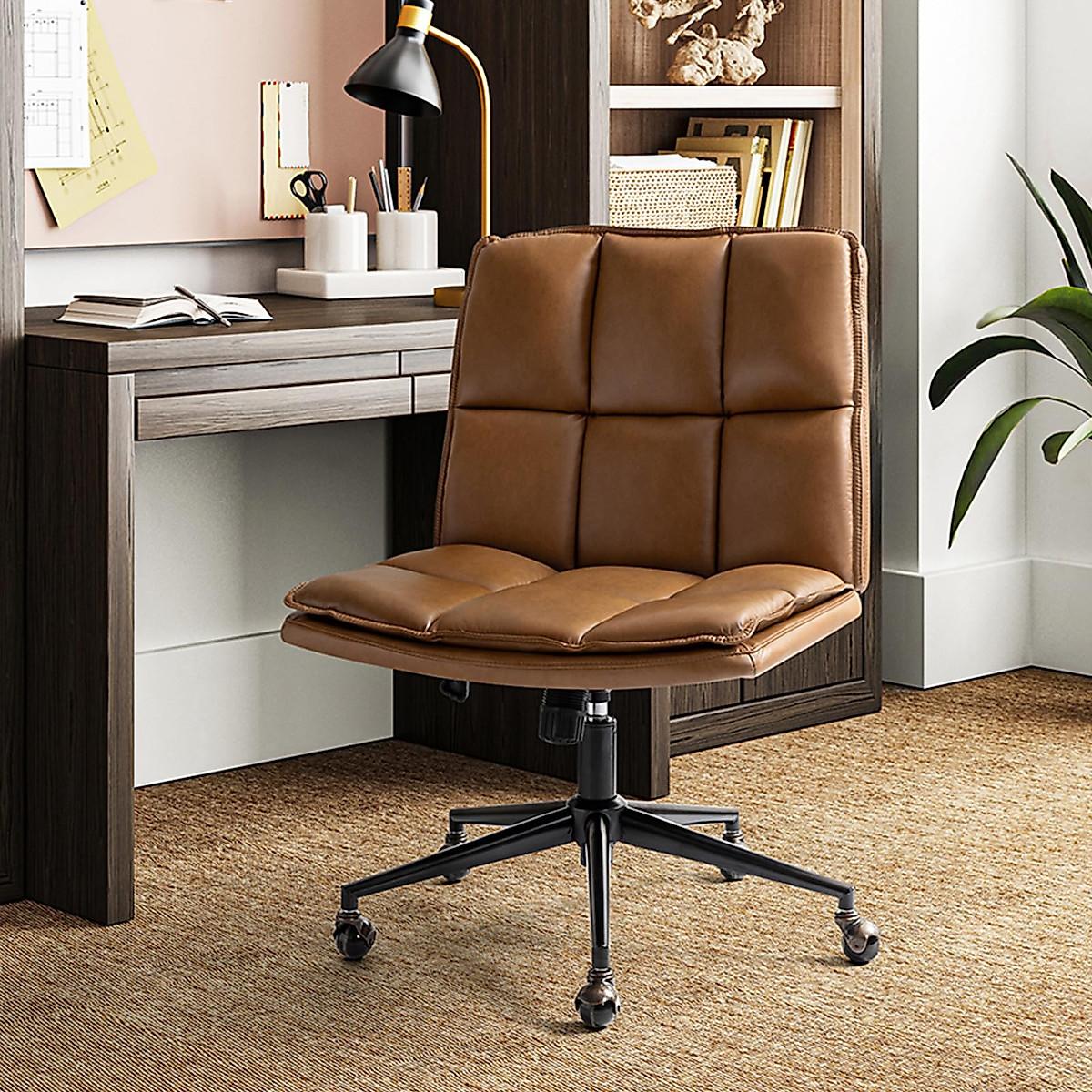 HULALA HOME Modern Faux Leather Home Office Chair with Tilt Lock & Metal Base, Armless Criss Cross Legged Desk Chair with Wheels & Padded Cushion, 360° Swivel Wide Seat Computer Task Chair, Camel