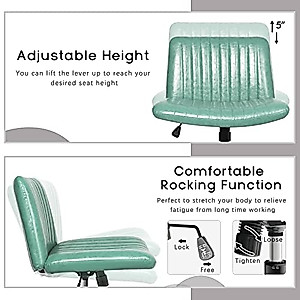 PUKAMI Armless Desk Chair No Wheels with Ottoman&Lumbar Support,PU Leather Padded Modern Swivel Home Office Chair,Height Adjustable Wide Seat Cross Legged Computer Task Chair for Living Room (Tiffany)