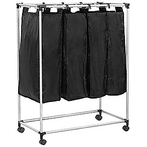 4 Laundry Sorter with Baskets Large Laundry Hamper Sorter Canvas Rolling Laundry Sorter Cart with Wheels 4-Bag Heavy Duty Removable Bags Brake Casters Organizer for Laundry Room Silver Plating,Black