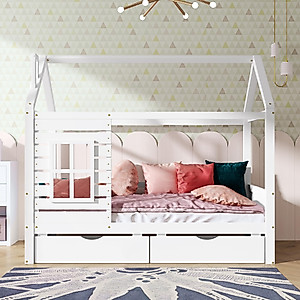 Aoowow Twin Size Kids House Bed with 2 Drawers, Wooden Platform Twin Bed Frame with Window and Roof for Bedroom, Modern Twin Size Kid Playhouse Bed with Slats for Boys Girls, Can be Decorated, White