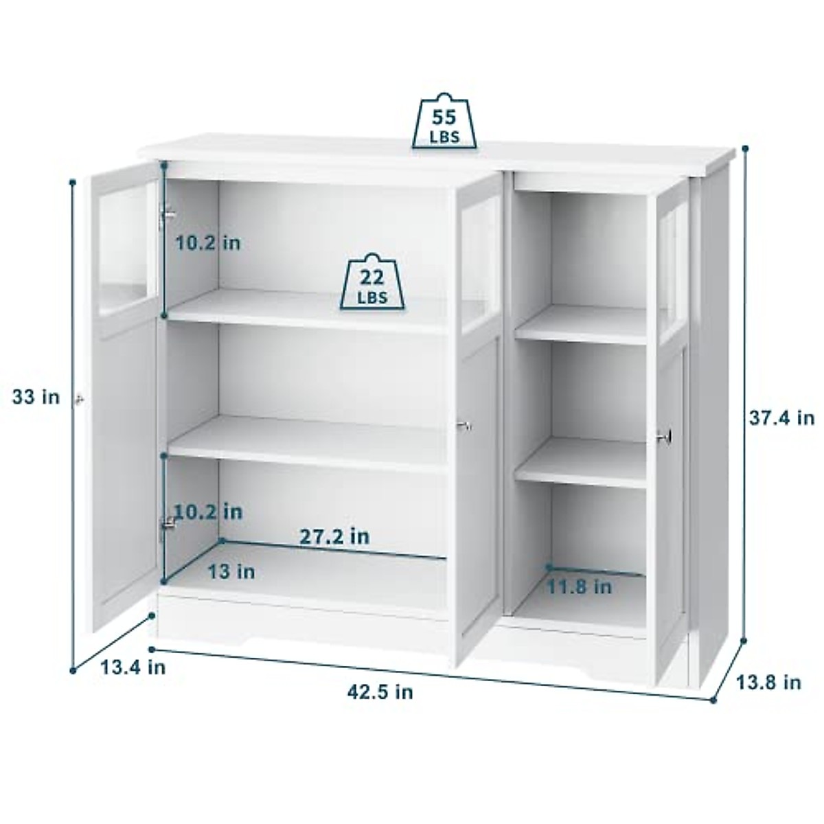 FOTOSOK Display Floor Cabinets with 3 Glass Doors For Storage, 15.75" D x 43" W x 37.5" H, Sideboard Buffet / Coffee Bar Cabinet for Kitchen, Dining Room, Living Room White