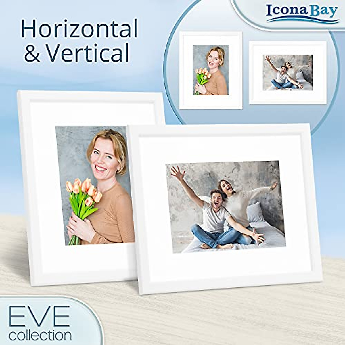Icona Bay 8x10 White Picture Frame w/Removable Mat to 5x7, Modern Double-Beveled Frame, Tabletop or Wall Mount, Eve Collection