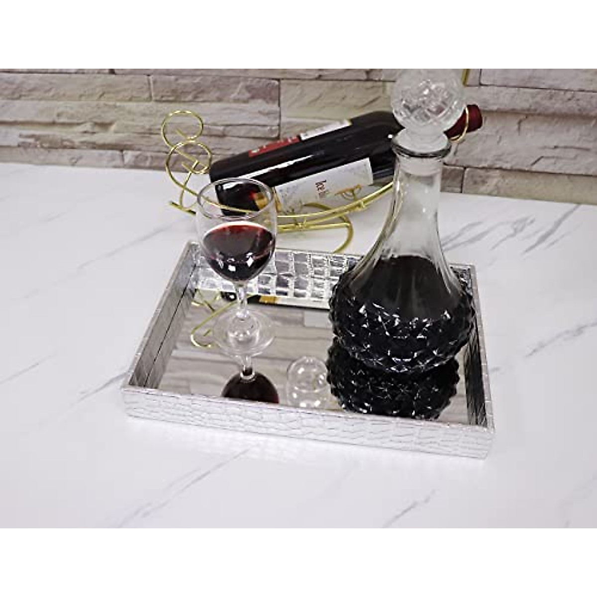 MCBZ Coffee Table Decorative Mirror Tray, Dresser Perfume Cosmetics Storage Tray, Bathroom Toiletries Storage, Jewelry Tray (Silver)