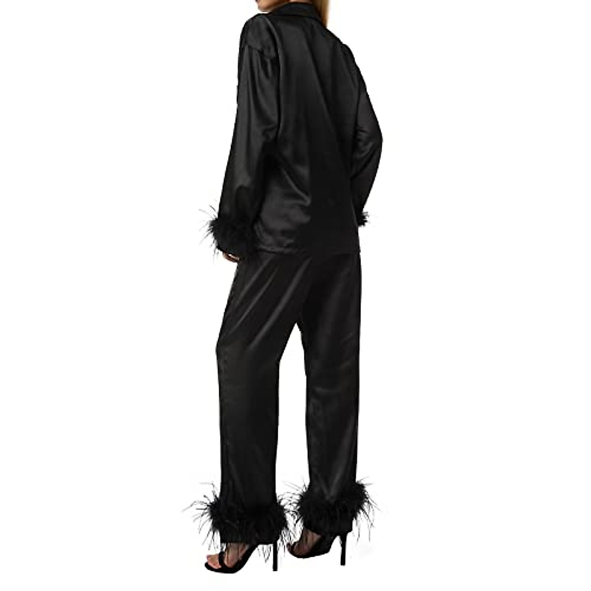 Womens Silk Satin Pajamas Loungewear Feather Decoration Two-piece Sleepwear Lapel Button-Down Pj Set (Black , L )