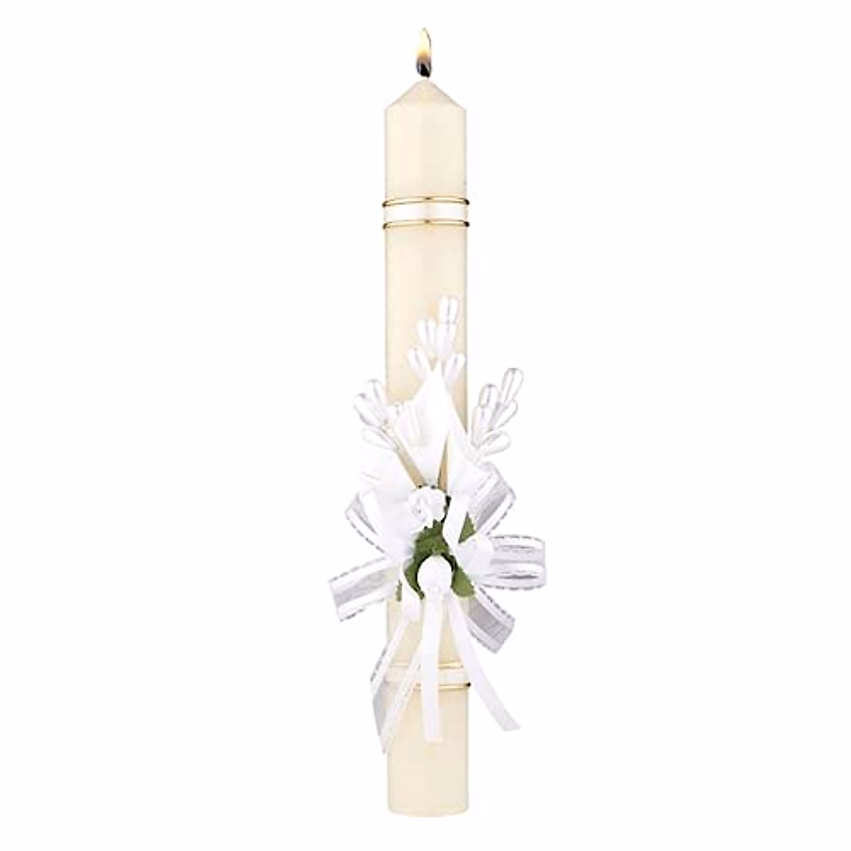 First Holy Communion Hand Decorated Taper Candle with White Faux Flowers and Ribbon, Catholic Gifts for Girls and Boys, Tall Candles, Cirio para Primera Comunion, 11.25 Inches