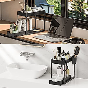 2 Pack Under Sink Organizers and Storage, 2 Tier Sliding Bathroom Organizer Under Sink, Adjustable Height Under Cabinet Organizer Basket with Hooks Hanging Cups, Shelf Organizer for Bathroom Kitchen