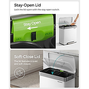 SONGMICS Kitchen, 16 Gallon (2 x 8 Gallon) Dual Compartment Garbage Can, 60L Pedal Recycling Bin, Stay-Open Lid and Soft Closure, Stainless Steel, 15 Trash Bags Included, White ULTB202W01