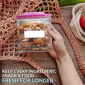 PAMI Double Zip Food Storage Quart Bags [75 Pieces] - Leakproof Freshness-Lock Bags With Expandable Bottom- Food-Safe Zipper Bags With Write On Label- Thick & Reusable Sandwich Bags