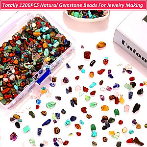 XOCARTIGE Stone Beads for Jewelry Making, 1200PCS Natural Chip Stone Beads Irregular Gemstone Loose Beads Mixed Color Healing Crystal Rock Beads Hole Drilled for DIY Art Crafts(20 Colors - 1200PCS)