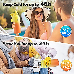 Insulated Water Bottle, ALongSong 32oz Stainless Steel Water Bottles with Bouncing Straw, Non-Slip Silicone Bottom, Keeps Hot and Cold, Leakproof Sports Water Bottle, Wide-Mouth Sports Canteen(Yellow)