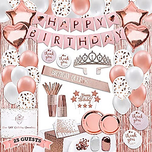 225 Pc Rose Gold Birthday Party Decorations Kit for Girls, Teens Or Women - Happy Birthday Pre-Strung Banners, Curtains,Table Runner, Balloons, Sash, Tiara, Cake Toppers, Plates, Cups, Napkins Straws for 25 Guest & Thank You Stickers