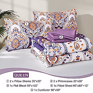 DJY Purple Comforter Set Queen, 7 Piece Bed in a Bag Boho Paisley Floral Comforter Set with Sheets Soft Microfiber Complete Bedding Set for All Season