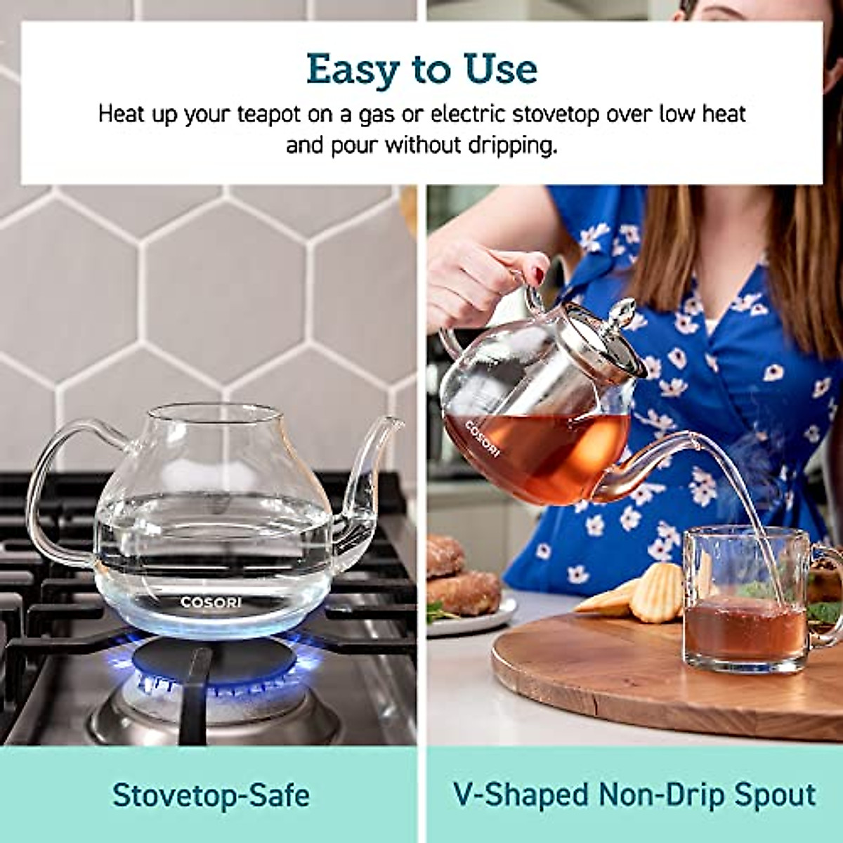 COSORI Glass Teapot Stovetop Safe Gooseneck Kettle with Removable Stainless Steel Infuser Scale Line for Blooming and Loose Leaf Tea Brewer, BPA Free Durable Borosilicate, 1000mL, Transparent