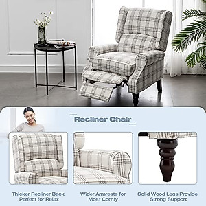 MELLCOM Upholstered Wingback Massage Recliner Chair,Traditional Push Back Recliner with Padded Seat,Mid Century Modern Lounge Chair Armchair with Wired Remote for Living Room Bedroom,Beige Plaid
