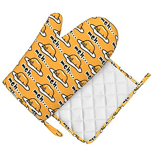 Gudetama Cute Oven Mitts and Pot Holders Set Heat Resistant Non-Slip Silicone Oven Mittens with Oven Gloves and Hot Pads Potholders for BBQ Kitchen Baking Cooking, Quilted Liner