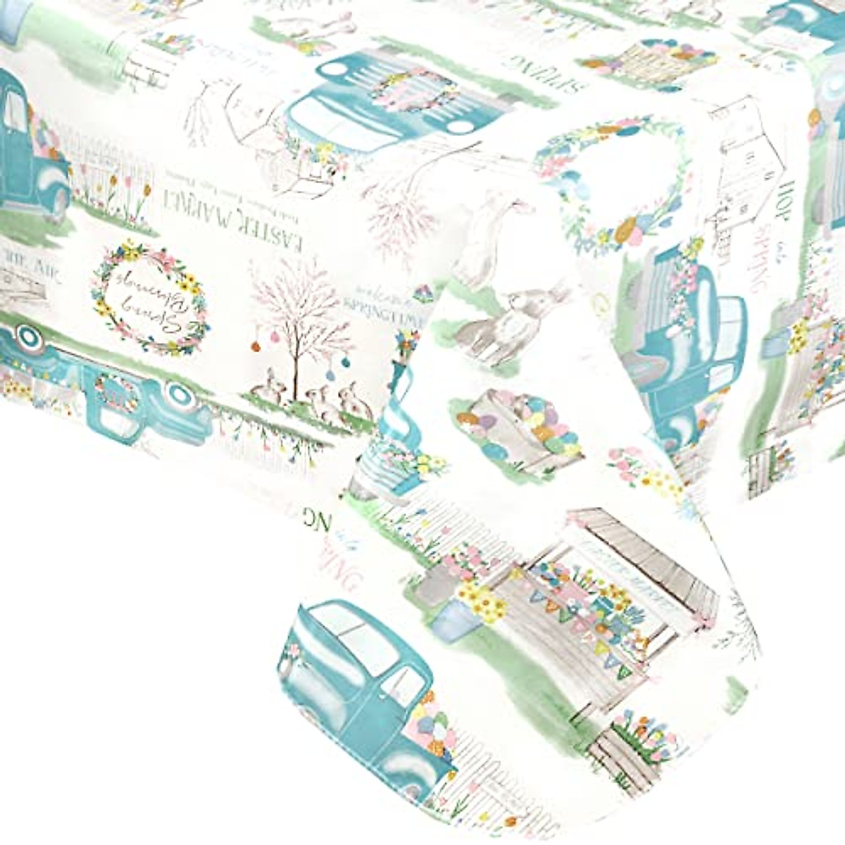 Newbridge Nostalgic Easter Market Farm Truck Vinyl Flannel Backed Tablecloth - Spring Flower Market, Bunny and Egg Print Indoor/Outdoor Easy Care Vinyl Tablecloth, 52” x 70” Oblong/Rectangle