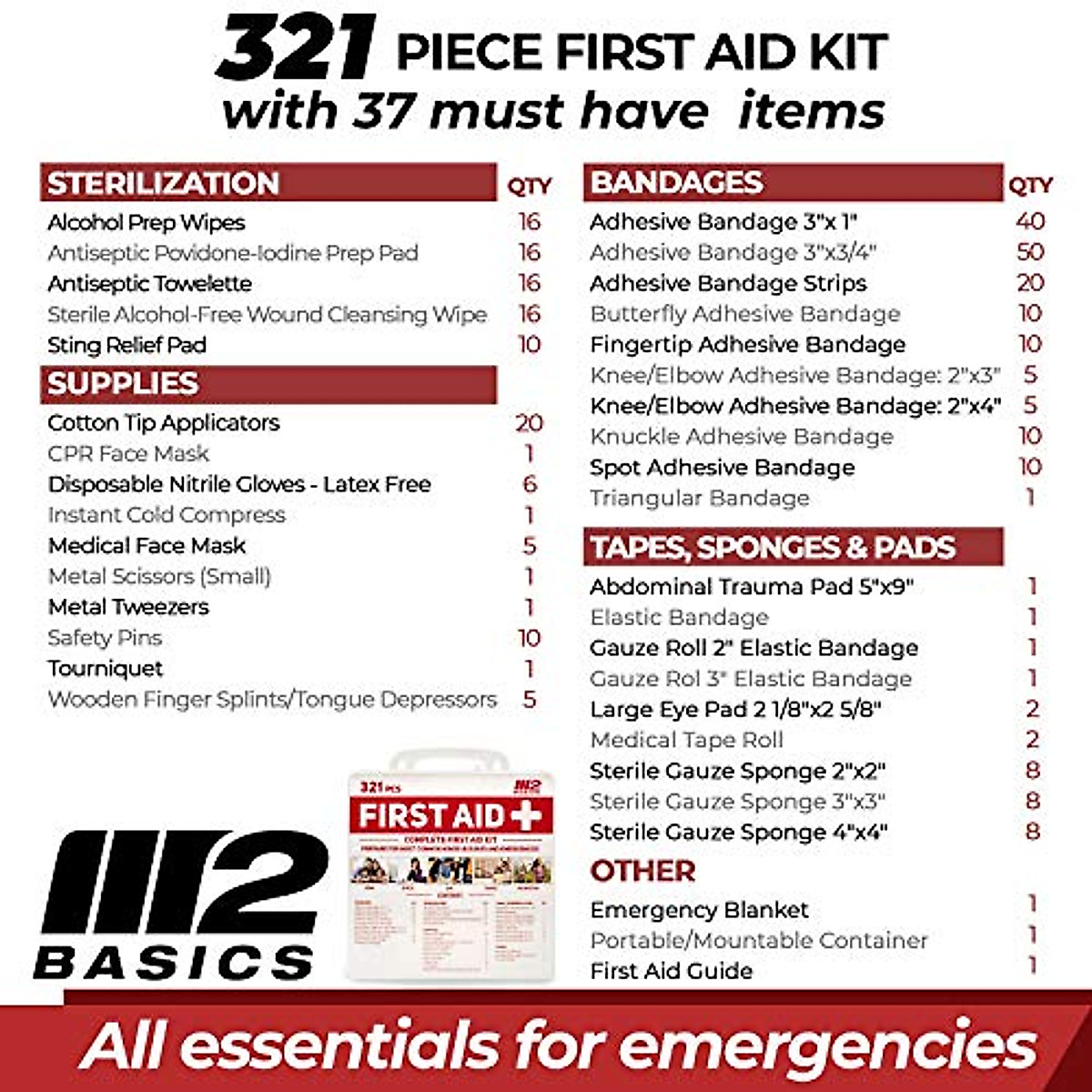 Complete 321 Piece Emergency First Aid Kit | Business & Home Medical Supplies | Wall Mountable Hard Case | Office, Car, Travel, School, Camping, Hunting, Sports