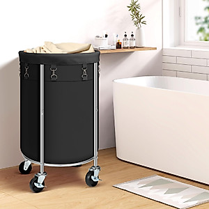 Laundry Hamper with Wheels, Rolling Laundry Basket, Round Laundry Sorter Cart with Steel Frame and Removable Bag, 4 Casters and 2 Brakes, Ideal for Bedroom, Bathroom, Laundry Room, Black