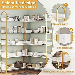 5-Tier Gold Bookcase, L-Shape Corner Bookshelf White & Gold, Modern Display Shelf Book Shelves with Adjustable Foot, Freestanding Storage Shelves for Home Office Use