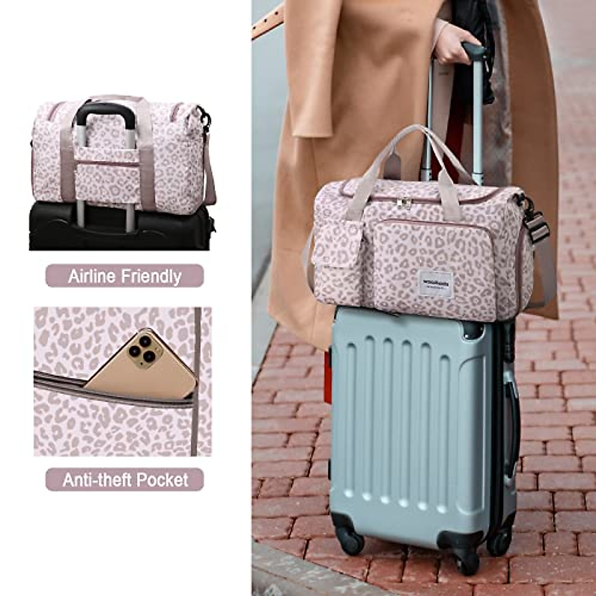 WOOMADA Foldable Travel Duffel Bag with Shoes Compartment, Overnight Bag with Wet Pocket & Trolley Sleeve, Gym Bags for Women Waterproof & Tear Resistant（brown leopard）