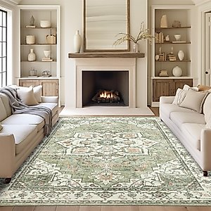 Restydon 8x10 Rug,Area Rugs for Living Room,Non-Slip Backing Washable Rugs,Vintage Printed Large Area Rug, Stain Resistant Home Decor Rug (Light Green,8'x10')