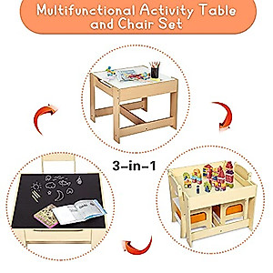 Kinfant Toddler Table and Chair Set - Activity Table for Toddlers with Double Side Detachable Tabletop, 3 in 1 Wood Activity Table for Toddlers Arts, Crafts, Drawing & Reading (Orange)