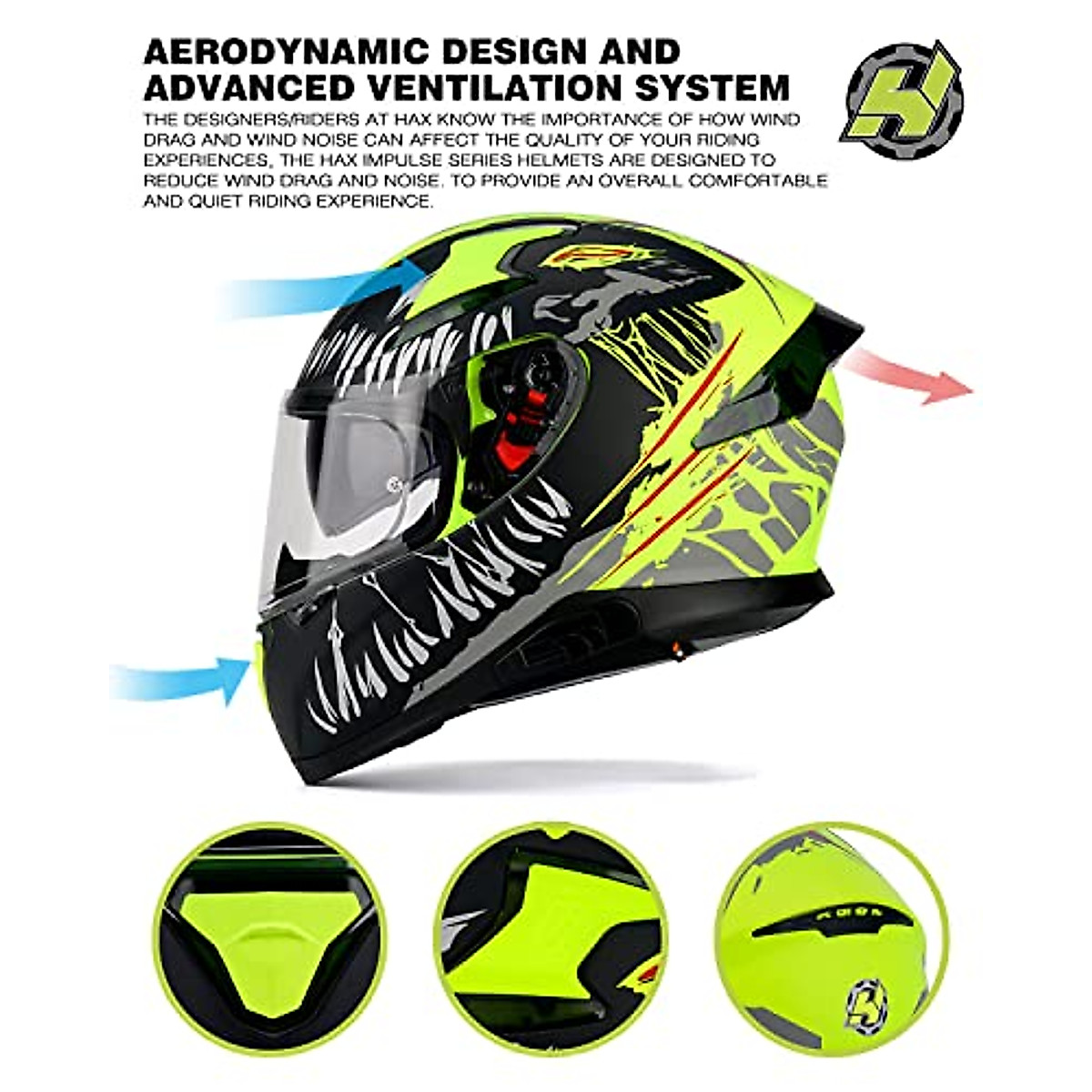 HAX Full Face Motorcycle DOT Approved Helmet with Dual Rear Wing and Pinlock Ready - Lightweight and Durable Motorbike Street Bike Helmet for Adults (Impulse Devour Yellow,S)