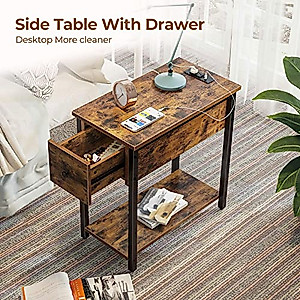 Rolanstar End Table, Sturdy Side Table with Charging Station, 2 USB Ports, Drawer, Shelf and Large Storage, Narrow Bedside Table for Sofa, Living Room (Rustic Brown)