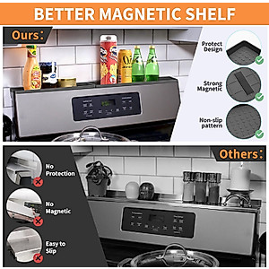 BFONS 30" Magnetic Stove Top Shelf Spice Rack Storage, Silicone Top Heat Material Stove Rack Shelf Flexible Seasoning Organizer Kitchen Shelves Gadgets with 2 Functional Prtitions for Kitchen （Grey）