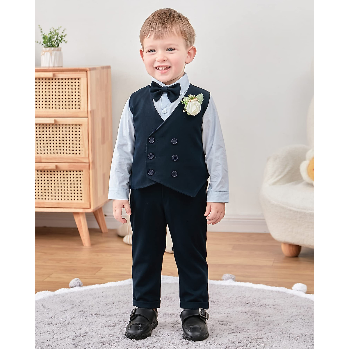 YALLET Toddler Baby Boy Clothes Suit Gentleman Wedding Outfits, Formal Dress Shirt+Bowtie+Vest+Boutonniere+Suspender Pants(V Navy Blue, 2-3T)