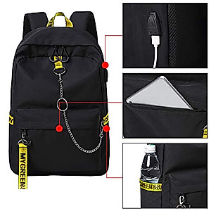 El-fmly Fashion Backpack with USB Charging Port for Travel, Lightweight School Bookbags with Cool Letters Strap for Teenage Girls & Women (Black+Grey)