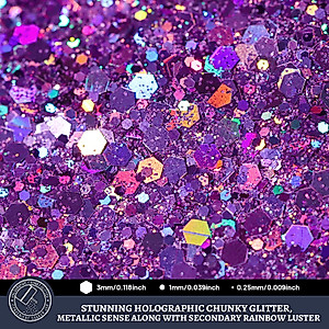 LEOBRO Purple Glitter, 160G/5.64OZ Glitter, Holographic Chunky Glitter, Craft Glitter for Resin, Metallic Iridescent Chunky Fine Glitter Sequin Flake Bulk, Glitter for Makeup Body, Tumblers Glitter