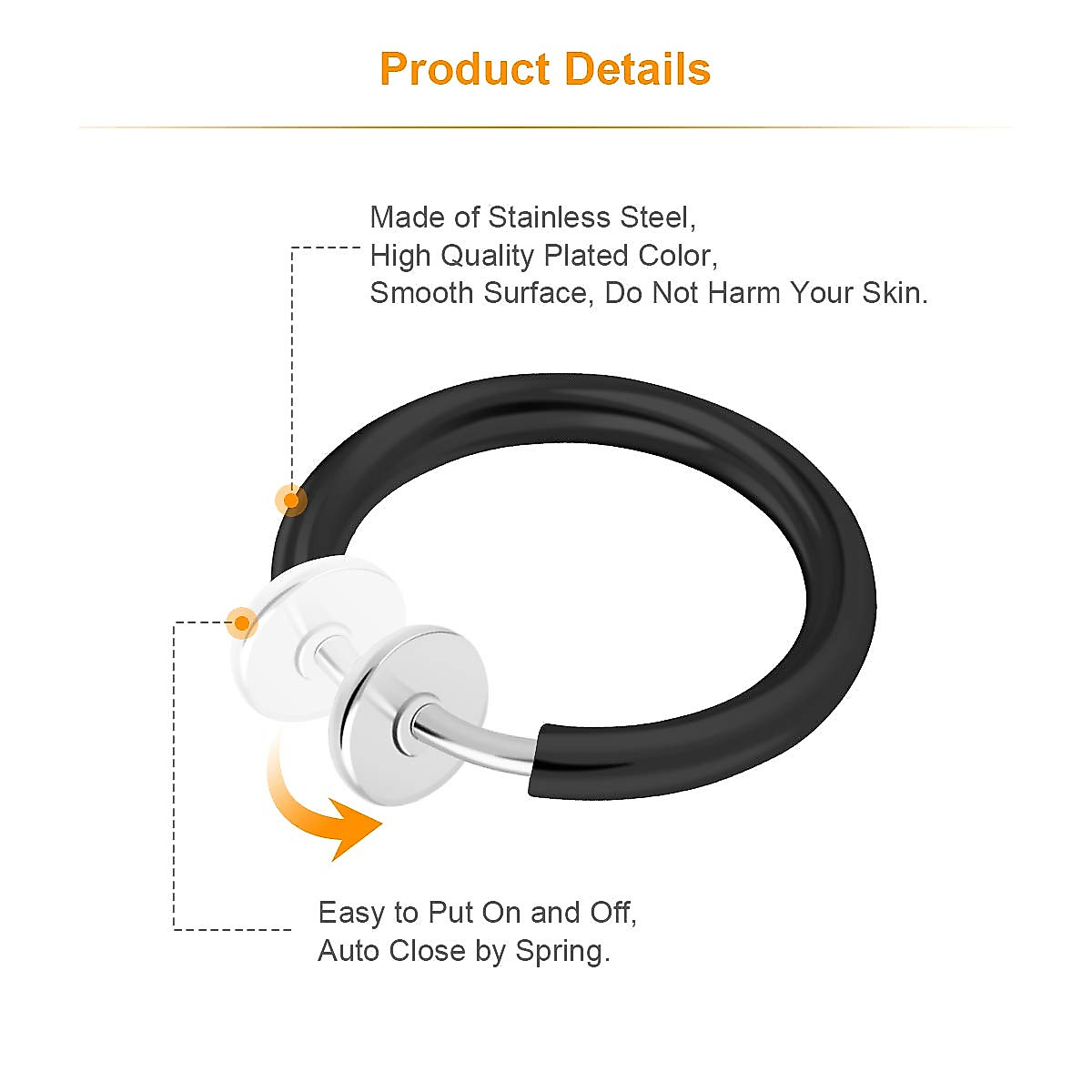 CrazyPiercing 8pcs of Surgical Steel Clip on Non-pierced Hoops Fake Nose Lip Ear Rings Piercing (black)