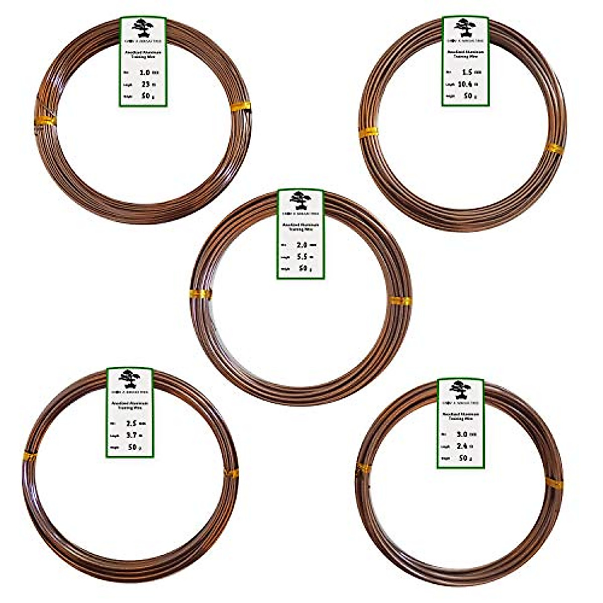 Anodized Aluminum Bonsai Training Wire 5-Size Starter Set with Canvas Bag - 1.0mm, 1.5mm, 2.0mm, 2.5mm, 3.0mm (147 feet total) - Choose Your Color (5 Sizes, Brown)