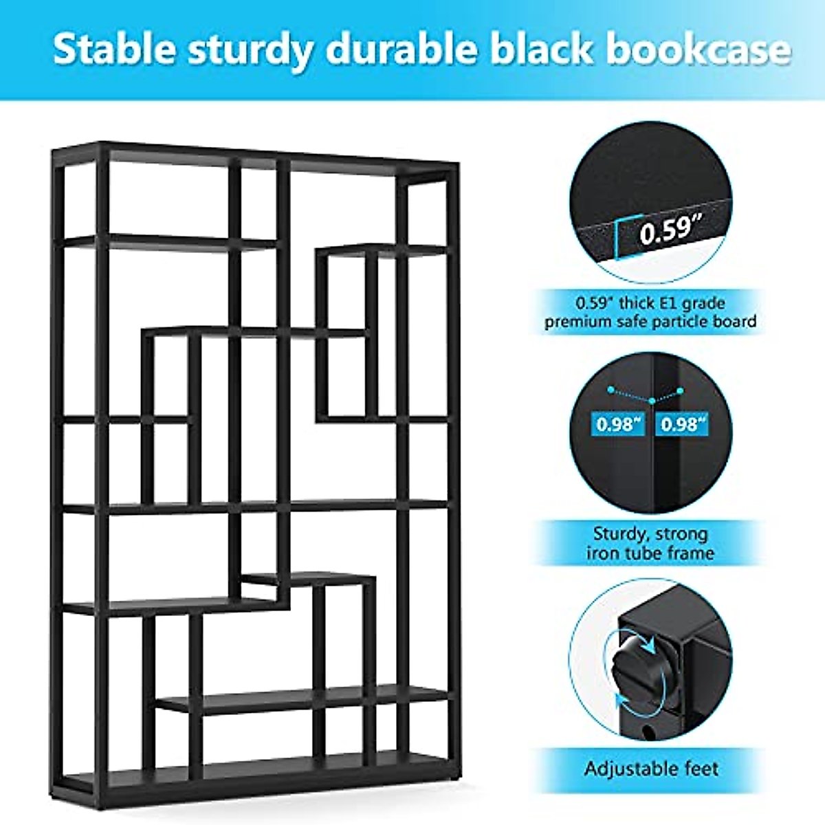 Tribesigns Black Bookshelf 47” Bookcase 9 Tier Tall Book Shelf Rustic Geometric Bookcase Display Shelf Organizer with Open Storage Shelf for Living Room, Industrial Wood Metal Bookshelf for Office
