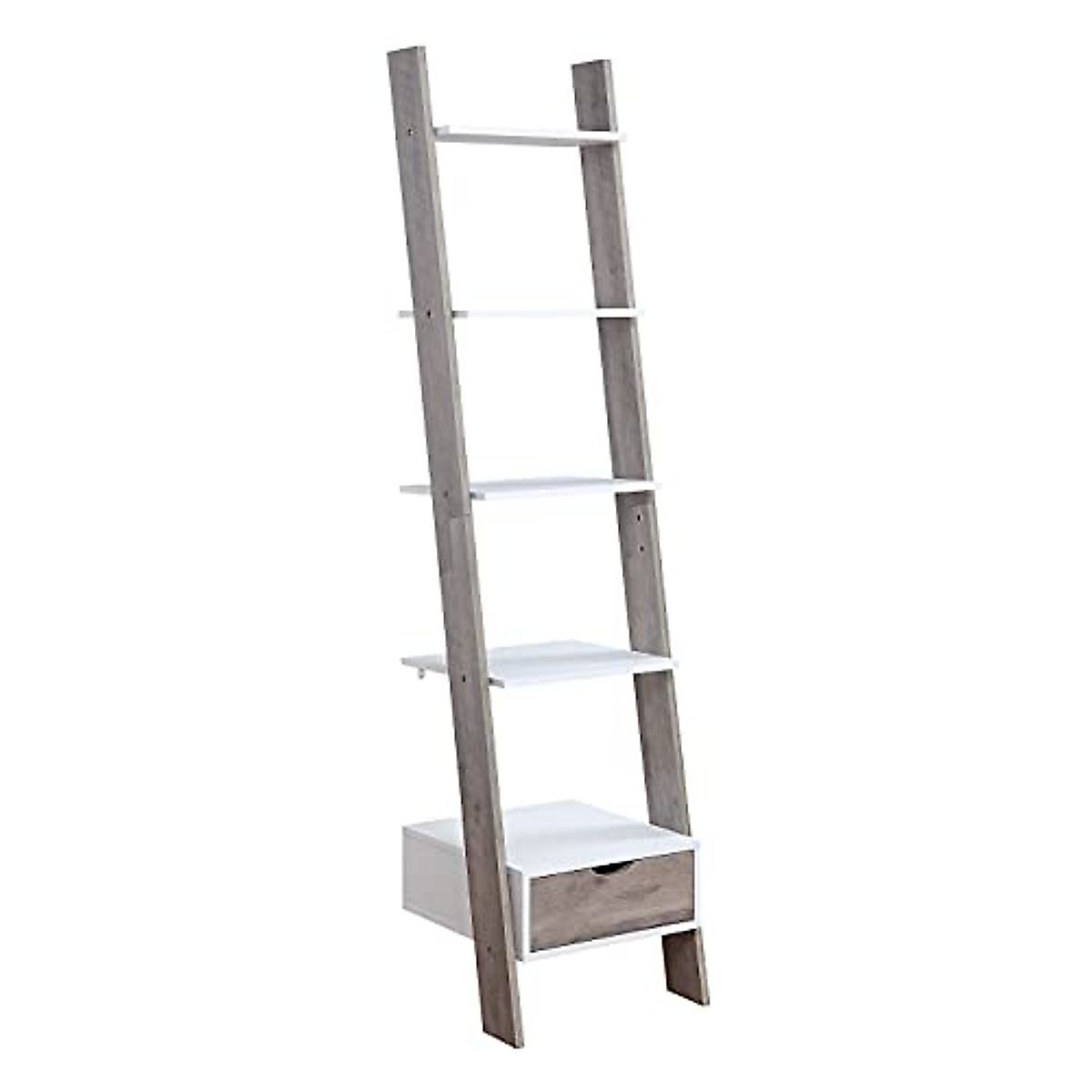 RAAMZO Two-Tone White and Weathered Grey Finish 5 Tier Bookcase Shelf Ladder Leaning with Drawer - 74" Height