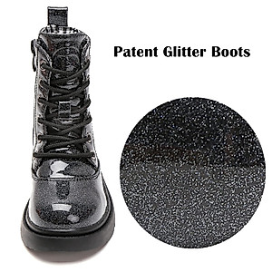 kkdom Boys Girls Waterproof Lace Up Side Zipper Mid Calf Combat Boots(Toddler/Little Kid/Big Kid) Glitter Black US Size 2 M Little Kid