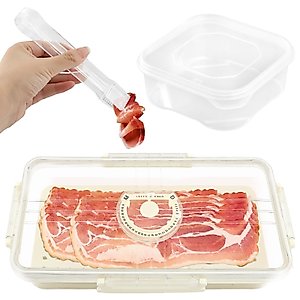 Quixleen Bacon Container for Refrigerator with Food Serving Tong and Small Square Storage Box Bacon Keeper with Sealing Lid Draining Plate Recording Function on the Lid