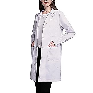 ViYW Professional Lab Coat for Women Long Sleeve White Button Down Jackets Midi Length Notch Lapel Nurse Jacket with Pockets