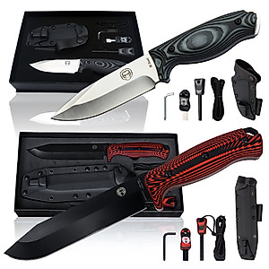 D2 Damascus Steel Survival Knife Gift Set and Large 1095 High Carbon Steel Hunting Knife (Red & Black) Bundle