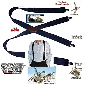 1 1/2" Wide Classic Series Holdups Suspenders for Men in X-back style w/USA Patented No-slip® Silver Clips (Black XS)