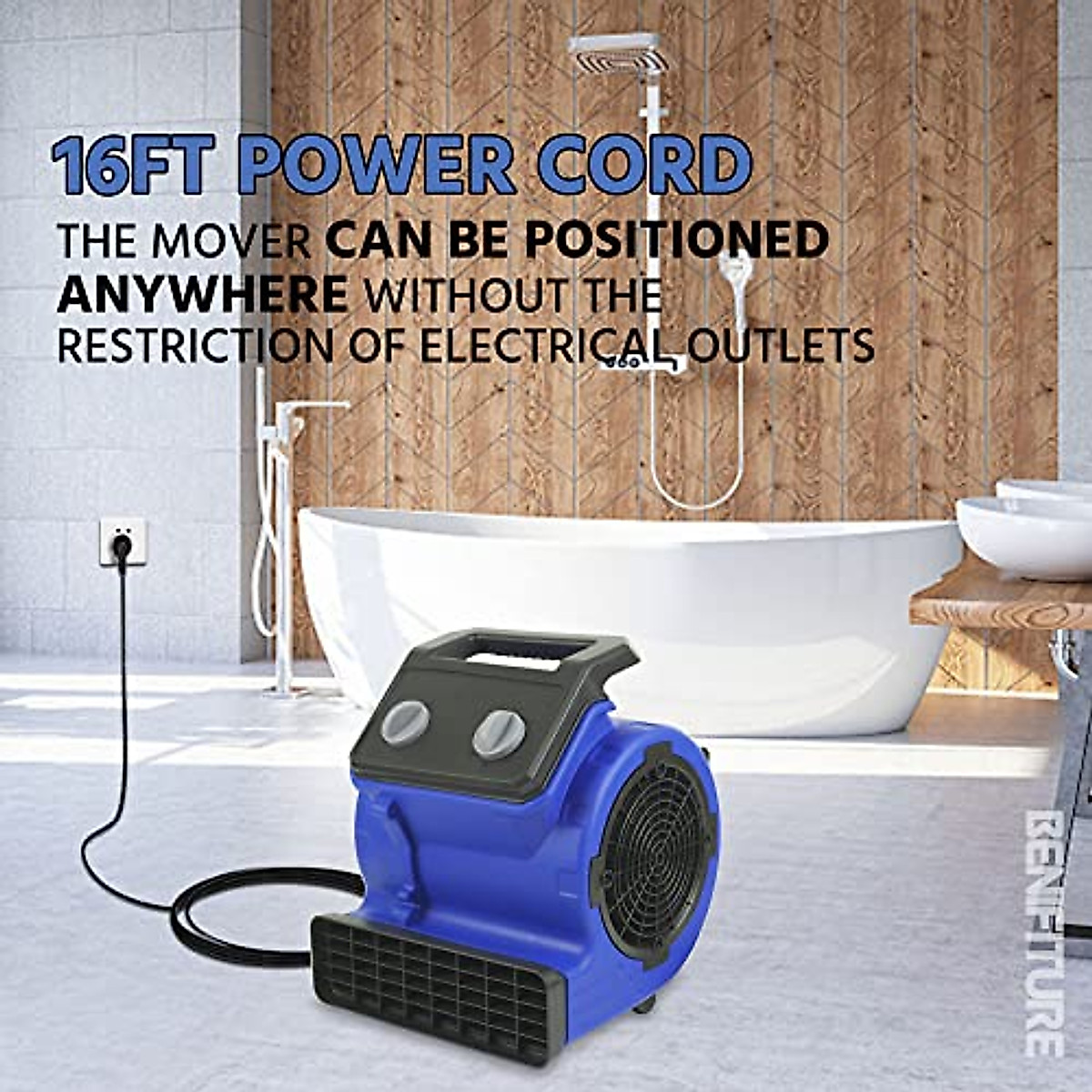 Benifiture 2400CFM Air Mover with Timing Function, 3-Speed 1/2HP Portable Floor Blower Carpet Dryer, 48db Low Noise, with 16ft Cord, for Water Damage Restoration, Temperature Cooling & Air Circulation