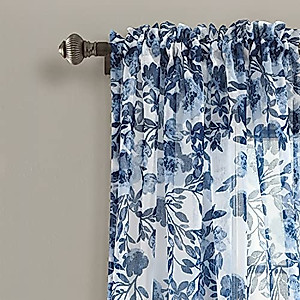 Lush Decor Tanisha Sheer Curtains Room Darkening Floral Vine Print Design Window Panel Set (Pair), Sheer 38" W x 84" L, Navy & White