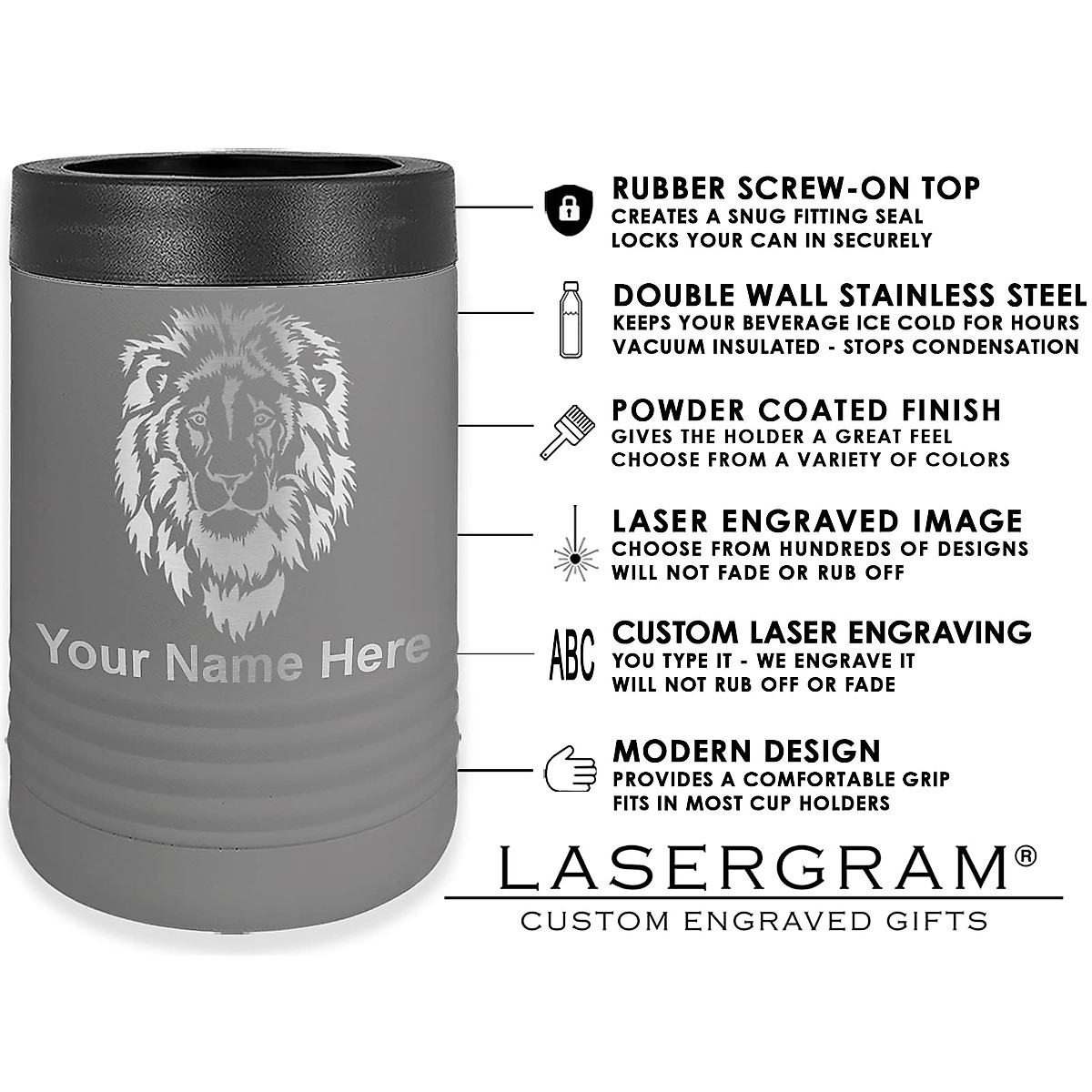 LaserGram Double Wall Insulated Beverage Can Holder, Backhoe Loader, Personalized Engraving Included (Standard Can, Gray)