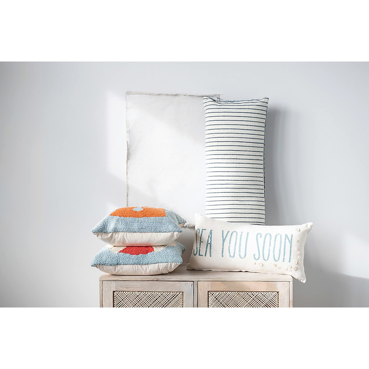 Creative Co-Op Mango 2 Woven Rope Doors, 1 Shelf and Tassel Handles Console, Bleached Wood