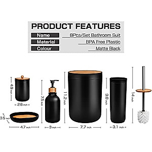 MIERTING Black Bathroom Accessories Set 8 Pcs, Matte Black Bathroom Accessory Sets With Trash Can, Soap Dispenser And Toothbrush Holder Set, Soap Dish, Cotton Ball & Qtip Holder, Toilet Brush & Holder