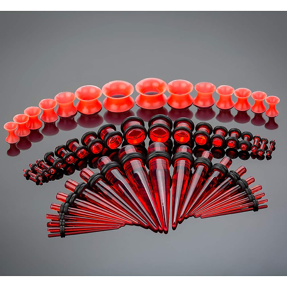 CABBE KALLO 50pcs Ear Stretching Kit Silicone Tunnels Acrylic Tapers & Plugs 14G-00G Gauges Set Expanders for Women Men Body Piercing Jewelry, Red