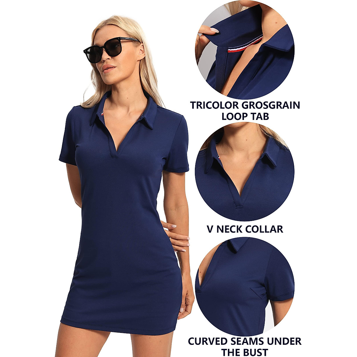 Hiverlay Golf Dresses for Women with Shorts and Pockets, V-Neck Short Sleeve Tennis Dress, Workout Athletic Dresses Navy Large