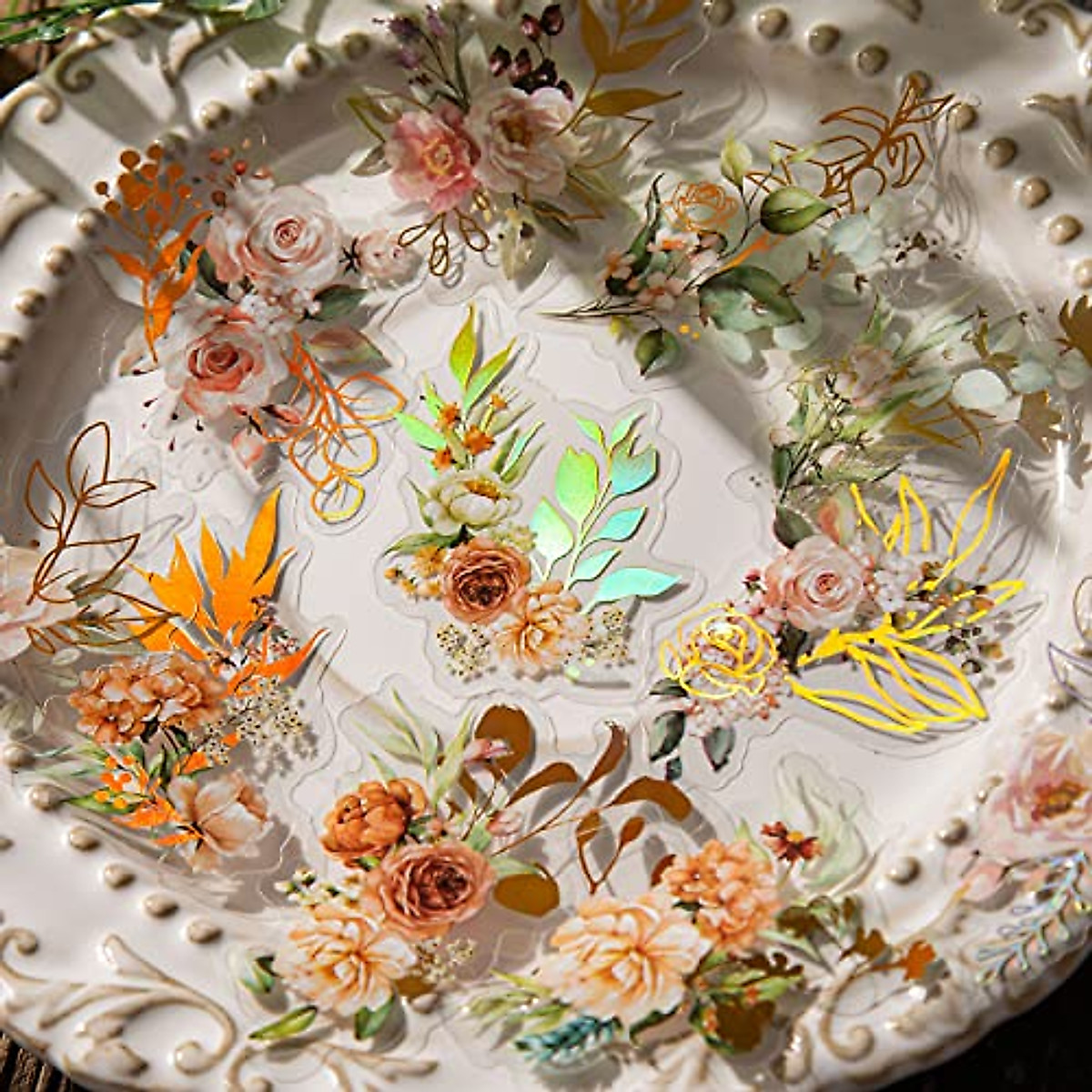 LakoArt 240 Pieces Gold Foil Botanical Stickers with Clear Background, Holographic Flower Eucalyptus Scrapbooking Sticker Floral Decals for Journaling Bullet Journal Planner Card Making DIY Crafts